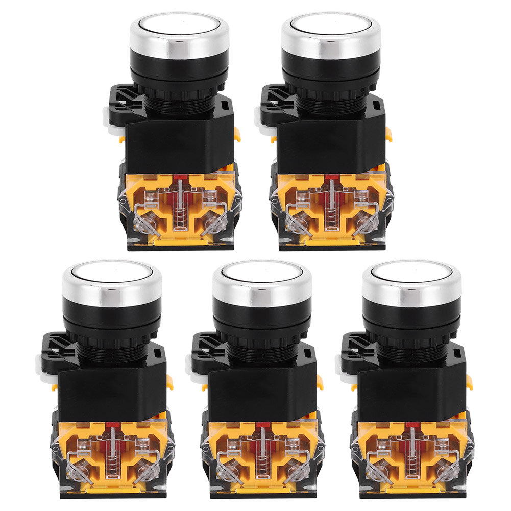 5 шт. 22 мм 37В-440В Кнопочные выключатели с самоблокировкой, без подсветки (белые)