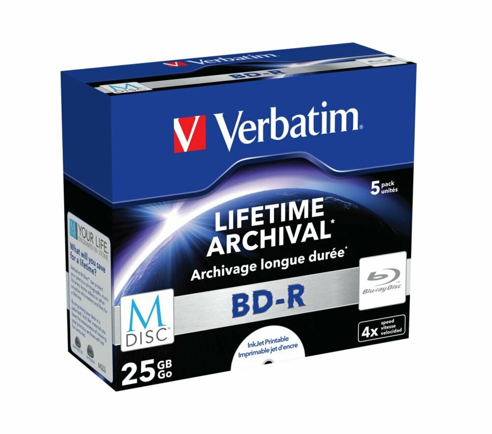 Оптические диски Verbatim MDISC BD-R 25 ГБ 4X под струйную печать Printable 5 шт. в коробках