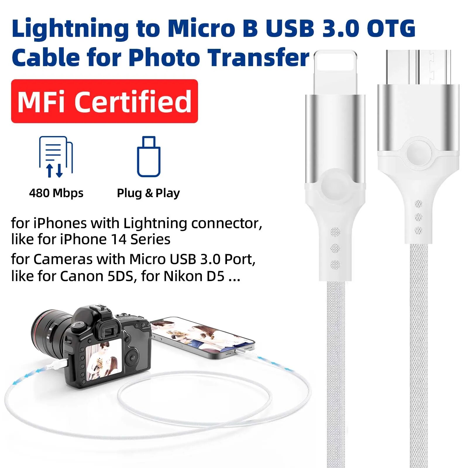 Кабель Lightning to Micro B USB 3.0 для камеры MFi для iPhone