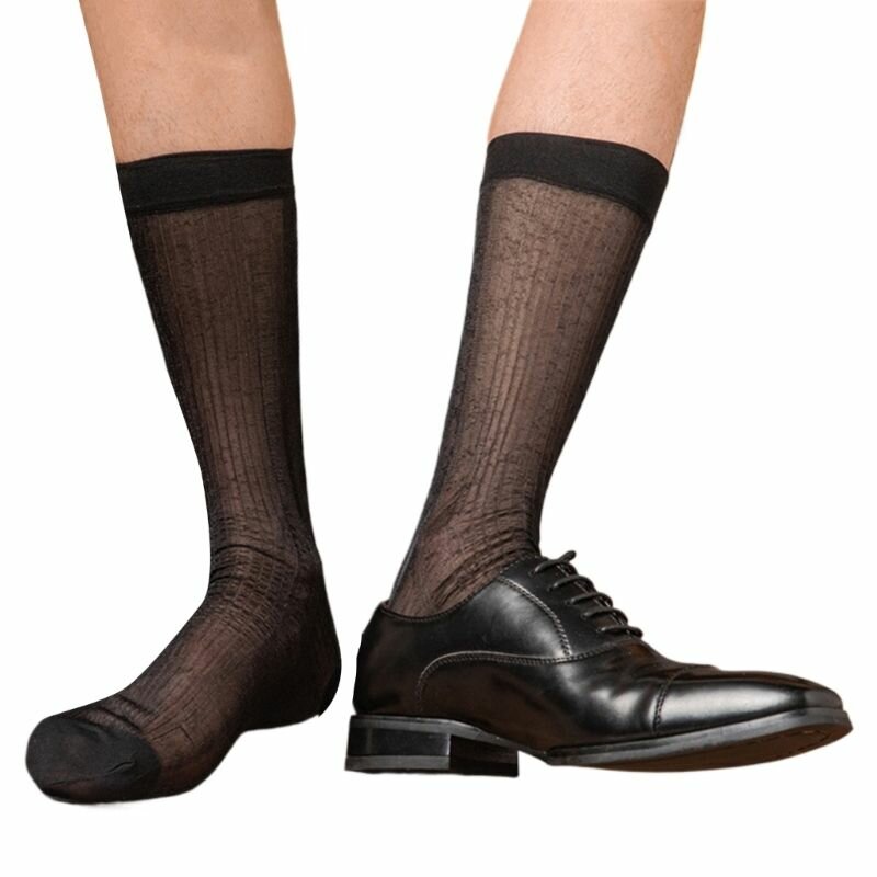 Мужские вечерние чулки в яркую шелковую полоску с длинной трубкой-черный