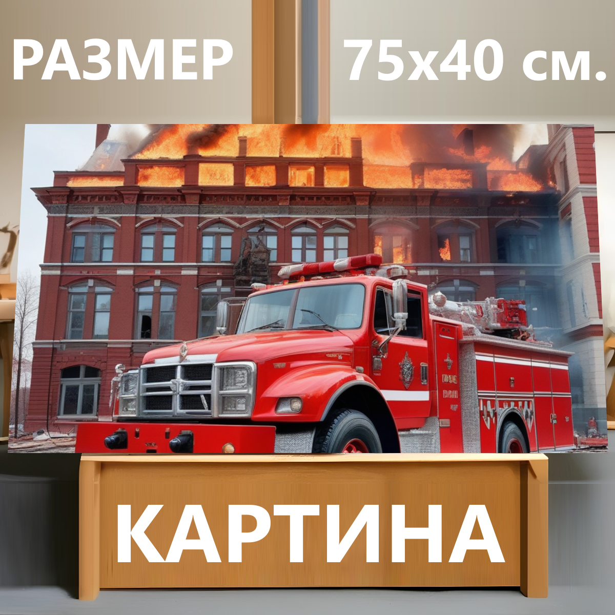 Картина на холсте "Автомобиль, тушить, мчс квартал огонь" на подрамнике 75х40 см. для интерьера