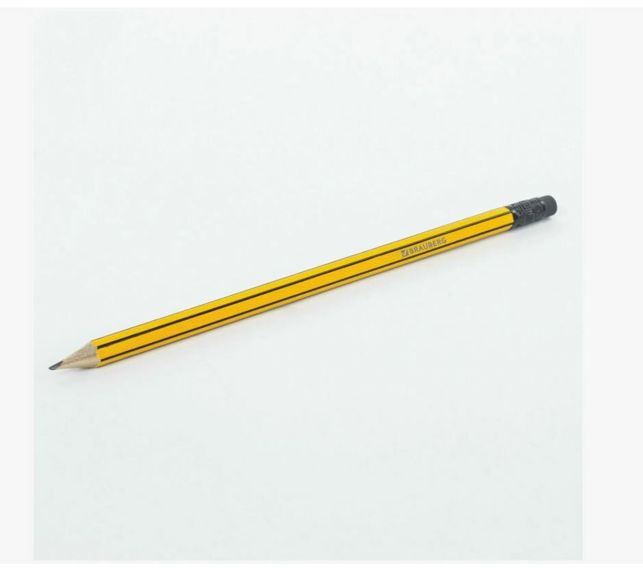 Карандаш BRAUBERG HB, шестигранный, желтый с черными полосками, с ластиком, заточенный