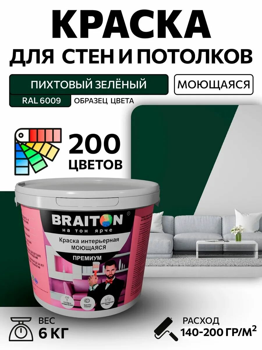 Краска ВД интерьерная BRAITON Премиум Моющаяся 6 кг. Цвет Пихтовый зелёный RAL 6009 акриловая, быстросохнущая, для наружных и внутренних работ, для стен и потолков, матовое покрытие