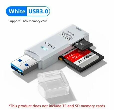 Картридер USB 3.0 для micro SD, SD / переходник для карты памяти / адаптер для флешки микро СД, белый