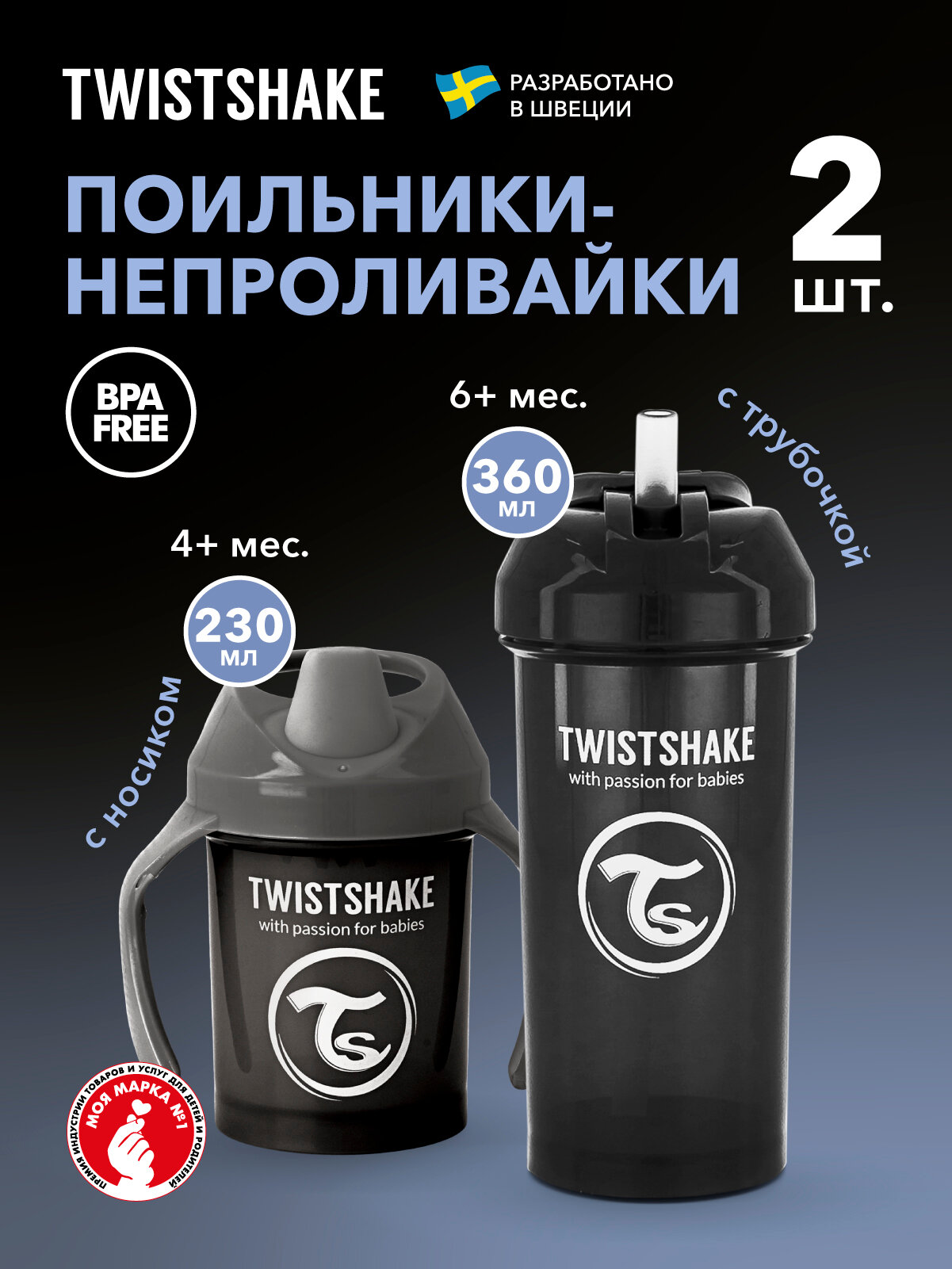 Набор поильников Twistshake для детей, Mini Cup 230 мл и Straw Cup 360 мл, 2 шт, чёрный