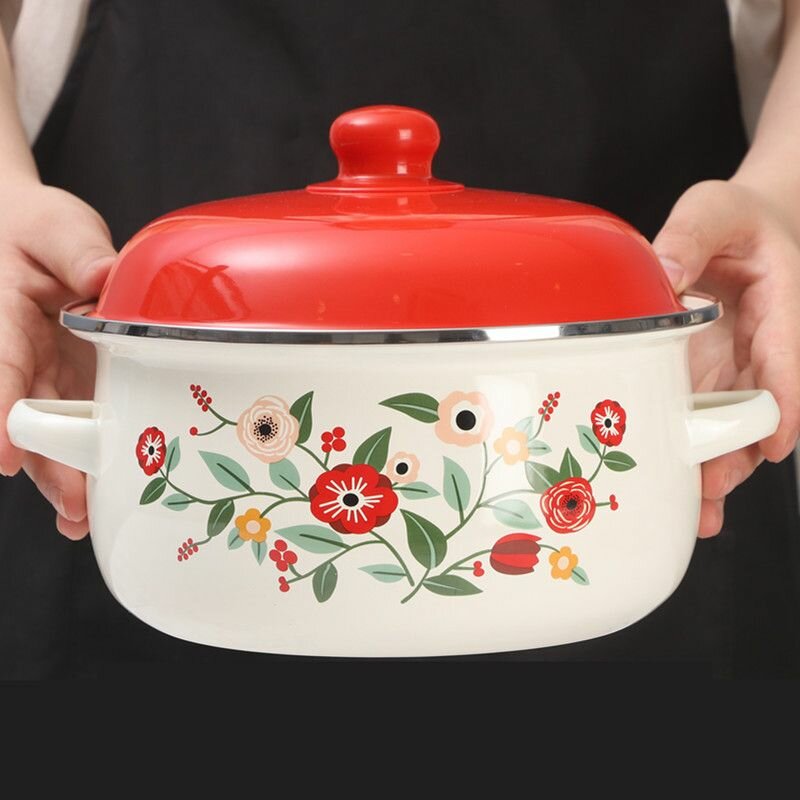 Аутентичный эмалированный горшок, эмалированный суповой горшок, горячий масляный маленький горшок, горшок с двумя ручками, горшок для тушенки, горшок для лапши быстрого приготовления, горшок для сала с крышкой для газа
