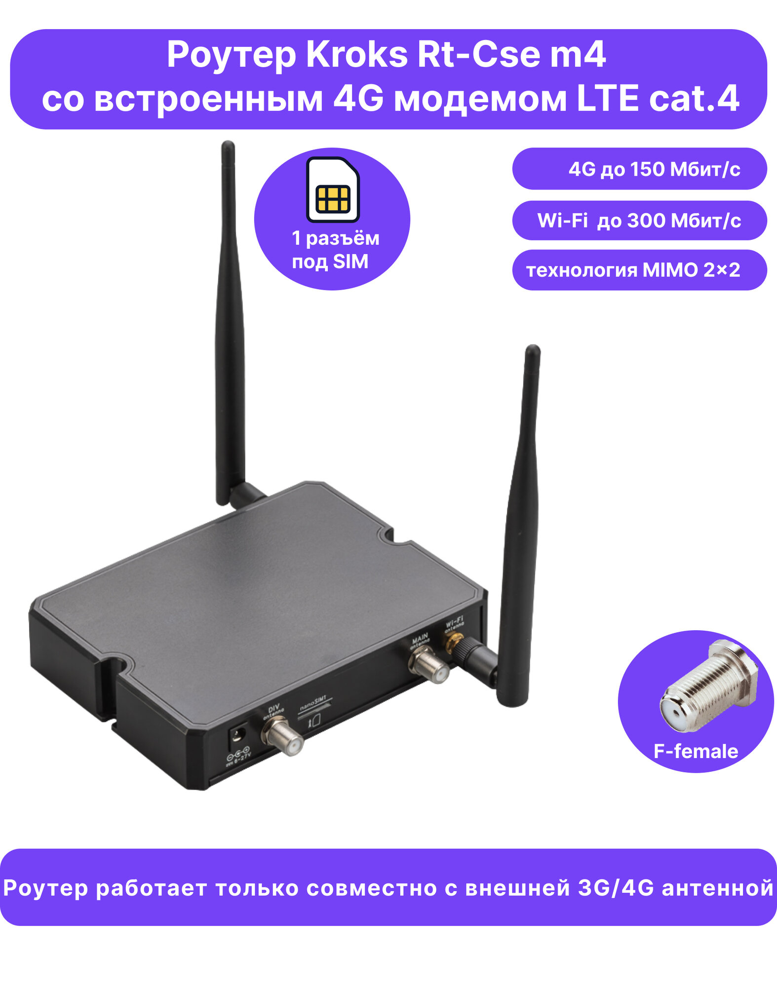 Роутер со встроенным 4G модемом LTE cat.4, до 150 Мбит/с, Kroks Rt-Cse m4 (F-female)