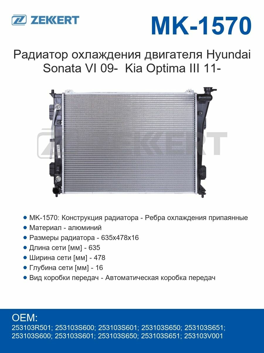 Zekkert Радиатор охлаждения двигателя Hyundai Sonata VI с 2009 года Kia Optima III с 2011 года