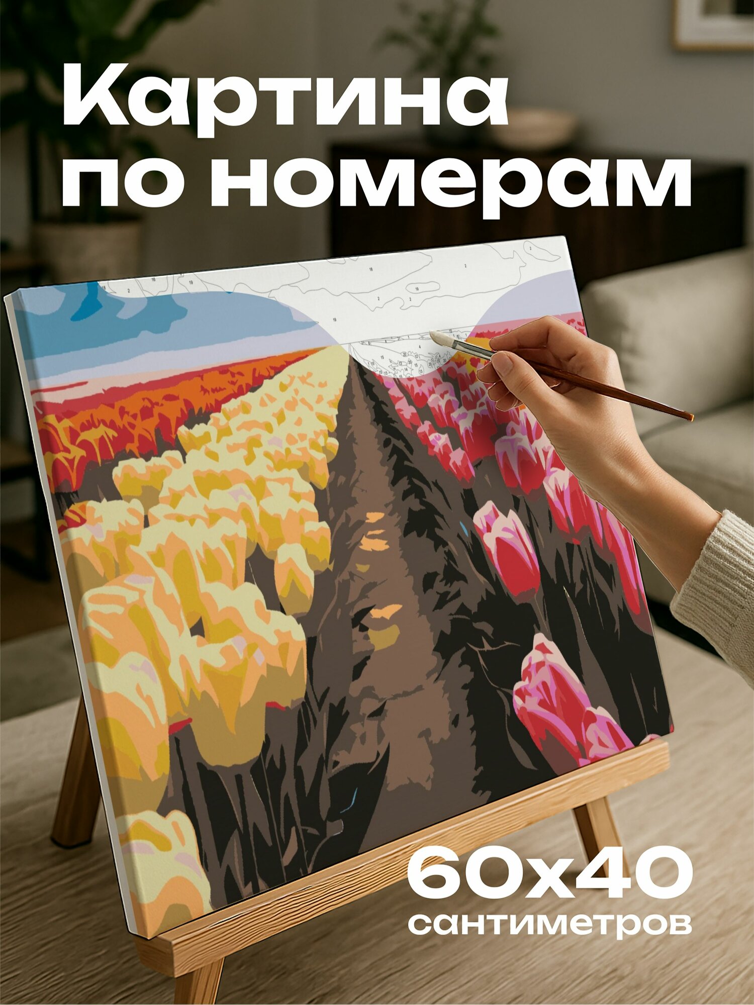 Картина по номерам 60x40 см, фотография, тюльпаны, Нидерланды, весна, поля, разноцветные цветы, симметрия, 2.8L