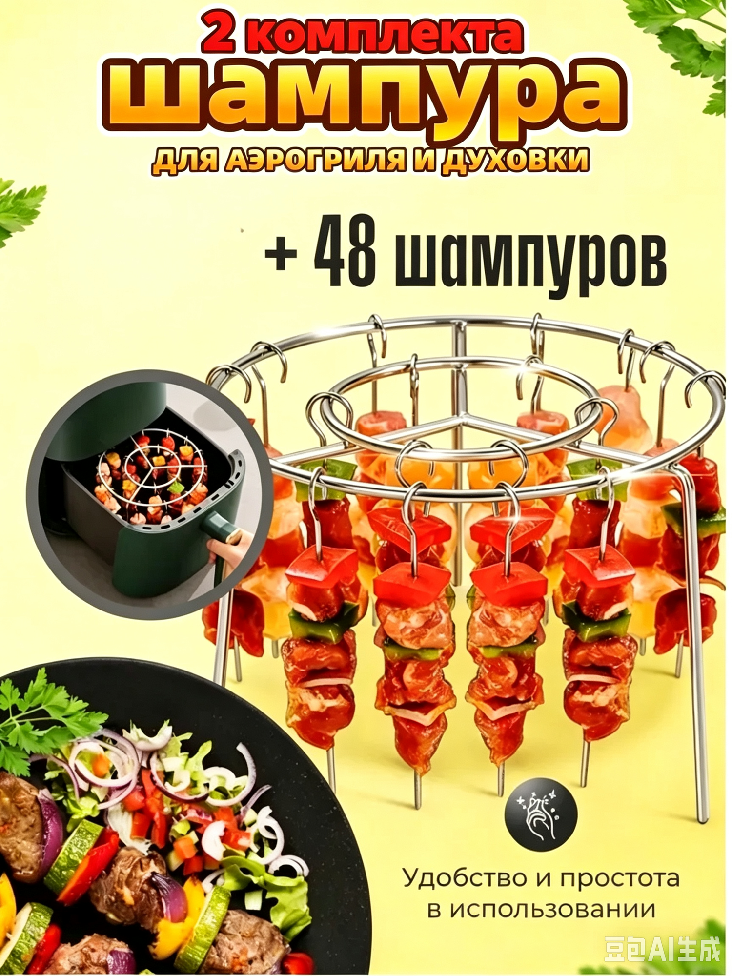Круглая подставка для шампуров из нержавейки для аэрофритюрницы, 2 комплекта, 48 шампуров, съемный кухонный аксессуар