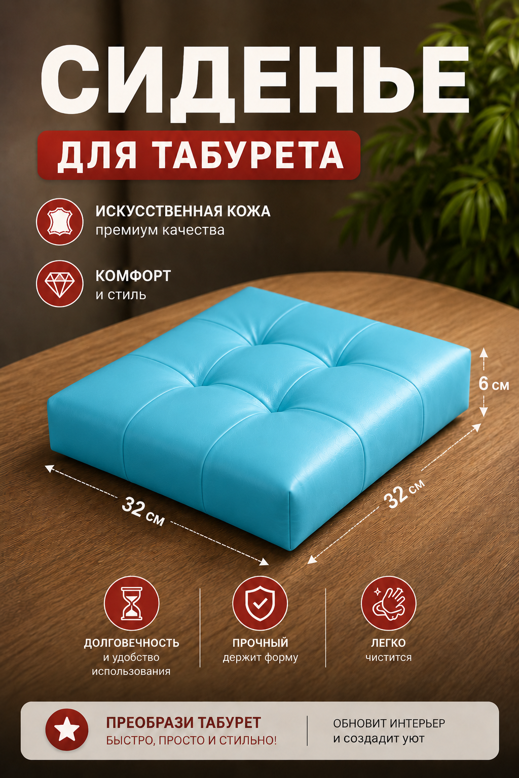 Сидение для стула или табурета квадратное, пуф "Драголит", из искусственной кожи