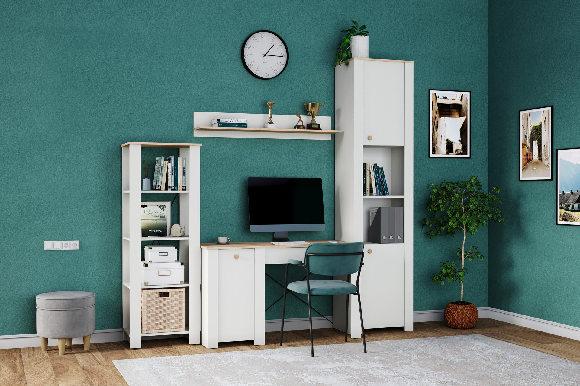 Мебель для школьника Джастин цвет белый шагрень/ дуб белый эксклюзив, размер ШхГхВ 236х55х226см