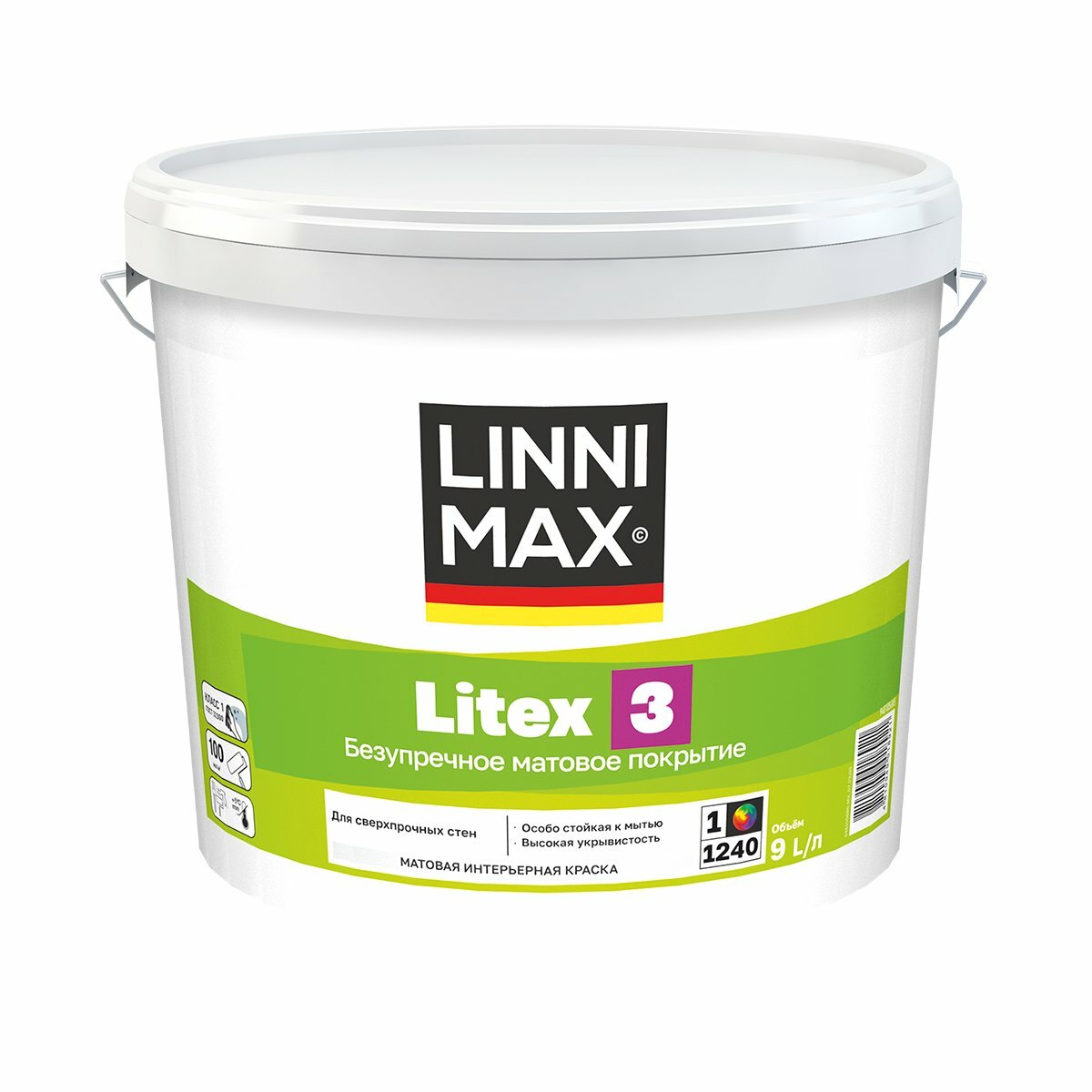 Краска интерьерная Linnimax Litex 3, матовая, база 1, белая, 9 л