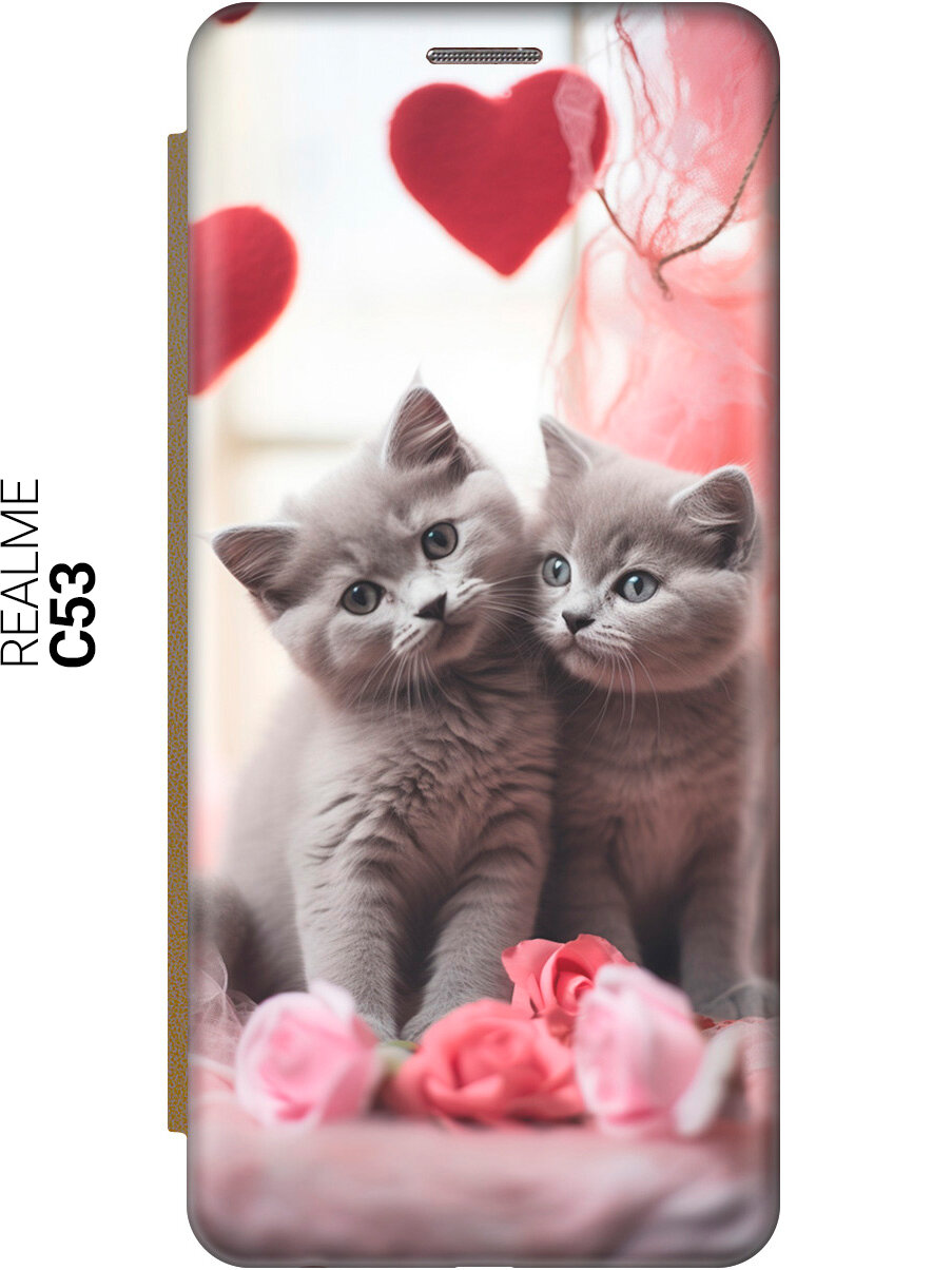Чехол-книжка на Realme C53 / C51 / Рилми С53 / С51 с рисунком "Котики и сердечки" золотой
