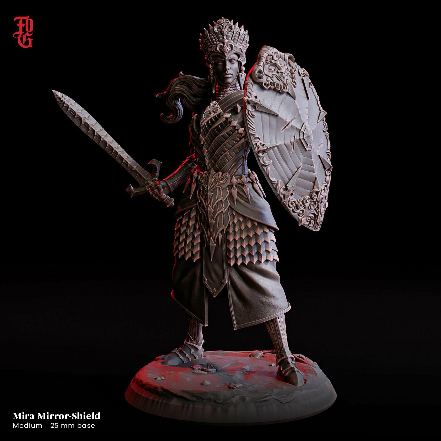 Миниатюра D&D 'Мира, Зеркальный Щит (человеческий паладин)' масштаб 32 мм (DnD, Dungeons & Dragons, ДнД, Подземелья и Драконы, Pathfinder)