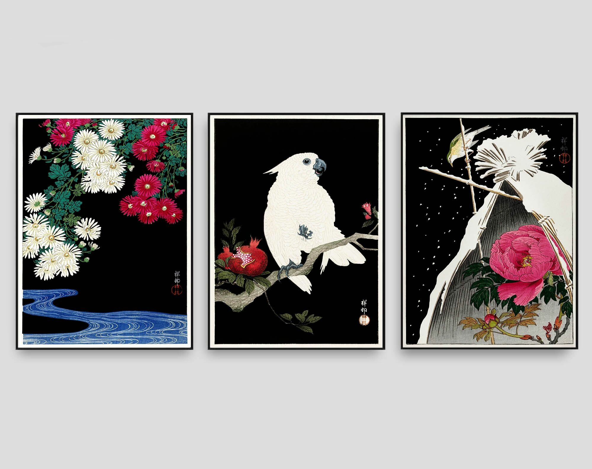 Набор восточных постеров - "Какаду" А3 без рамы, ориентализм. 3 винтажных плаката попугаи в стиле японской гравюры "Минимализм и Модерн"