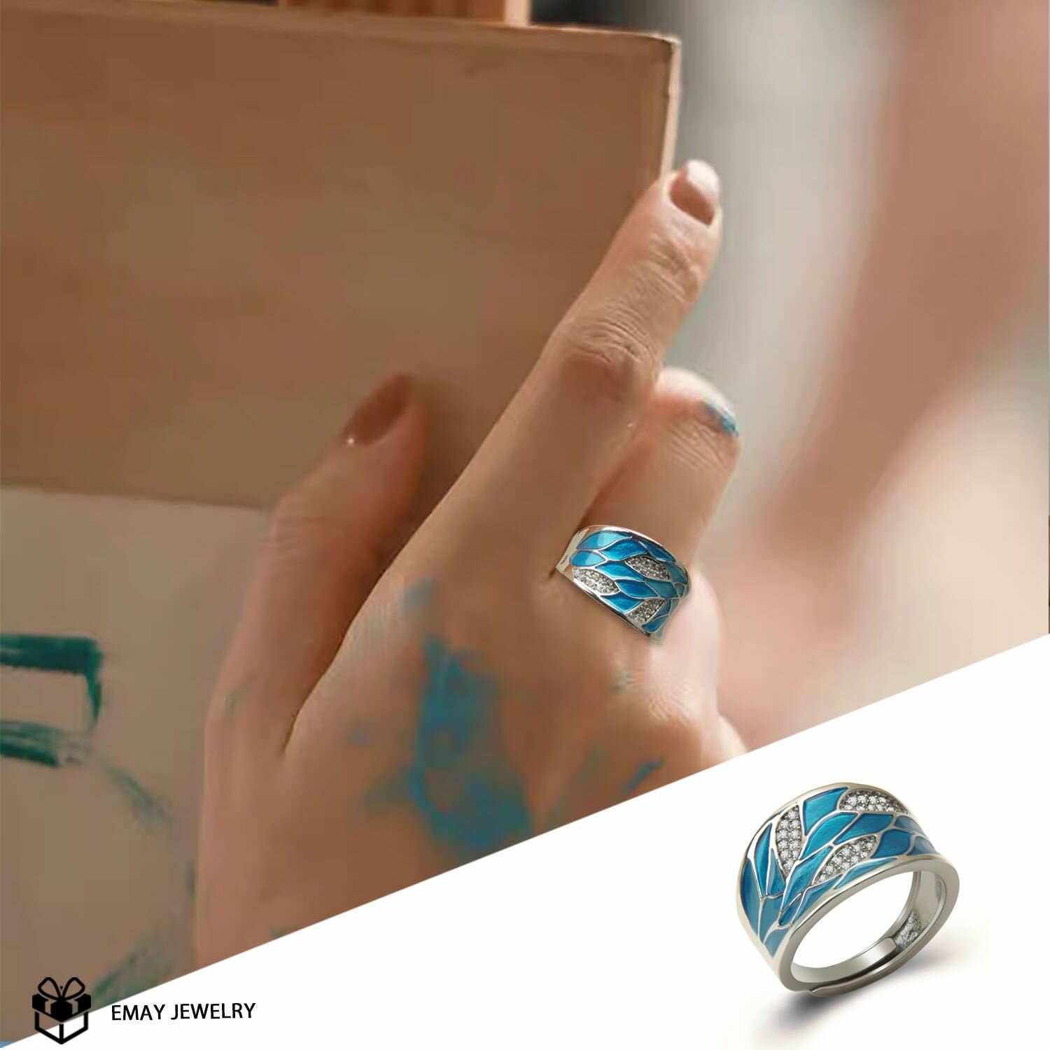 Кольцо, эмаль, фианит