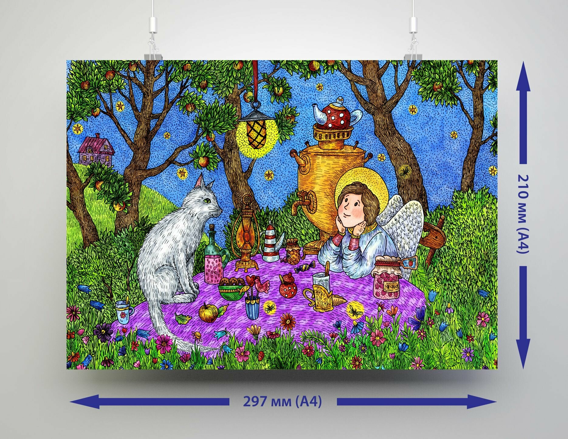 Постер Ангел и кот в саду Плакат для дома 21 см на 30 см