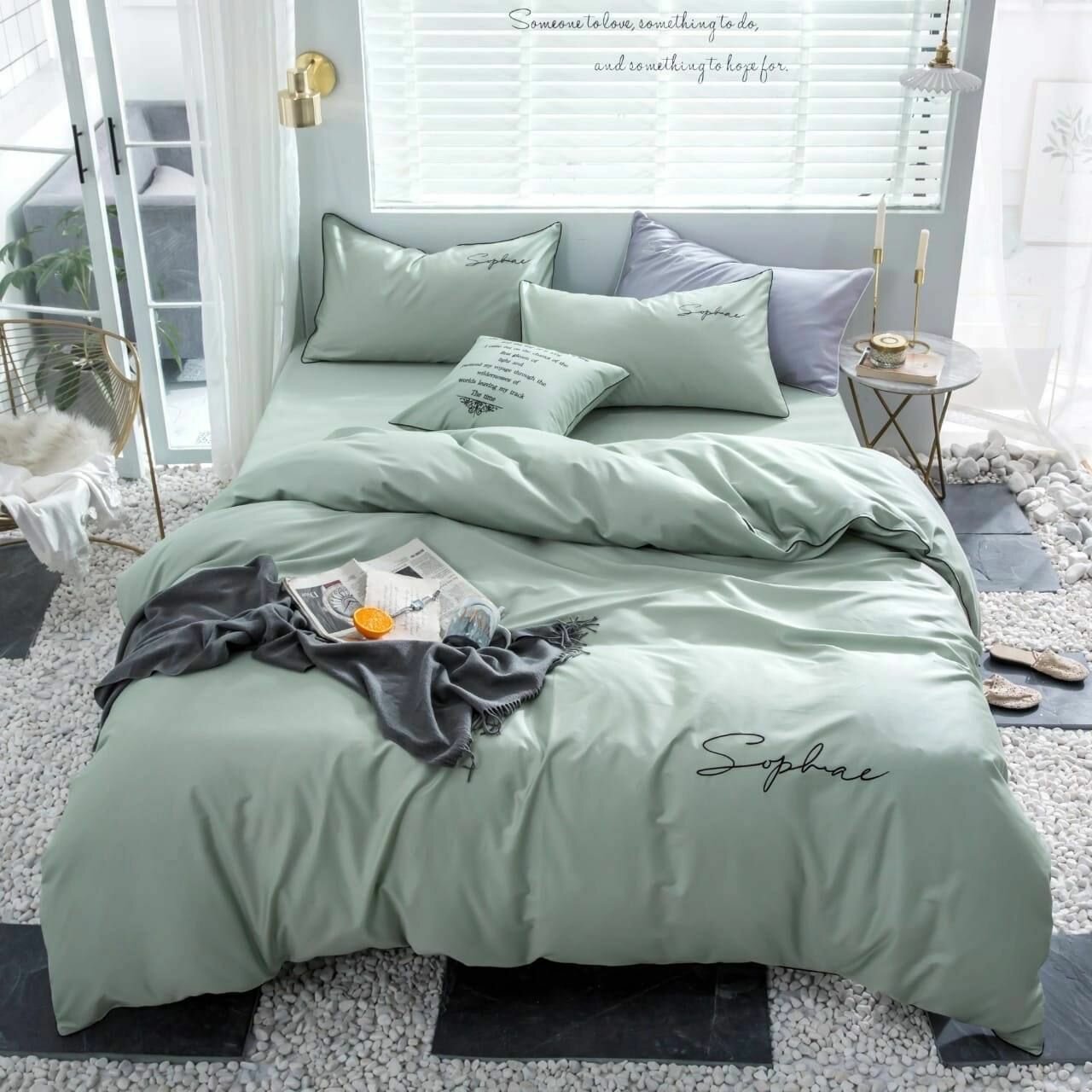 Комплект постельного белья Евро Winni Хлопок/Жатка простыня на резинке, Оливковый