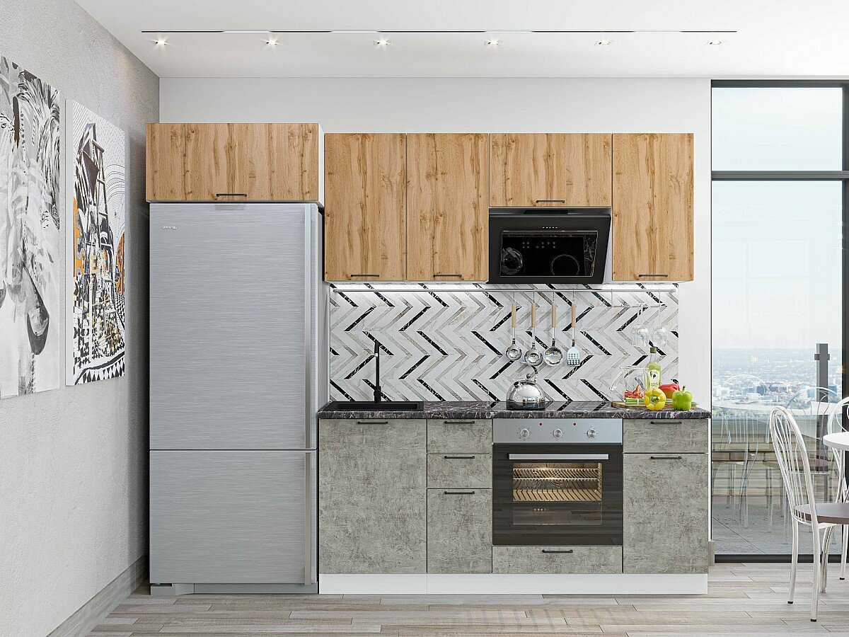 Кухня Флэт-01, цвет фасада Wotan Oak 2S/Temple Stone 2S, цвет каркаса Белый, 2140*2600*600 мм