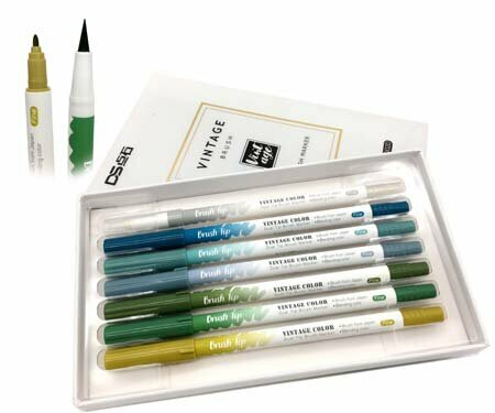 Скетч-маркеры BRUSH 7 шт. 6цв. Акварельные DS-15/WDS-9 Винтажные двусторонние зеленые (кисть+пулевидный) + блендер №2002D (1/6/96)