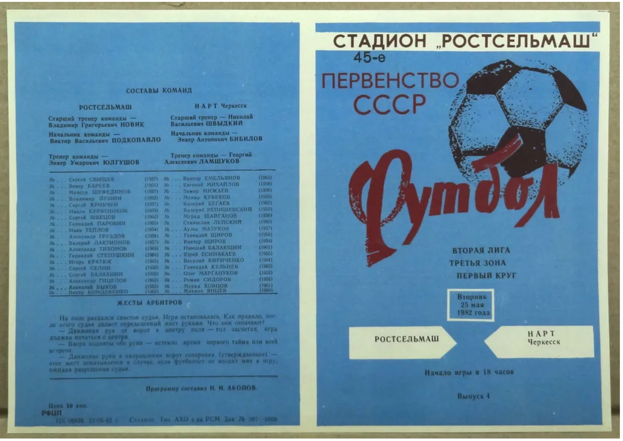 Программки 6 игр 45 Первенство СССР по футболу 2 лига 3 зона 1 круг 1982 г стадион "Ростсельмаш"