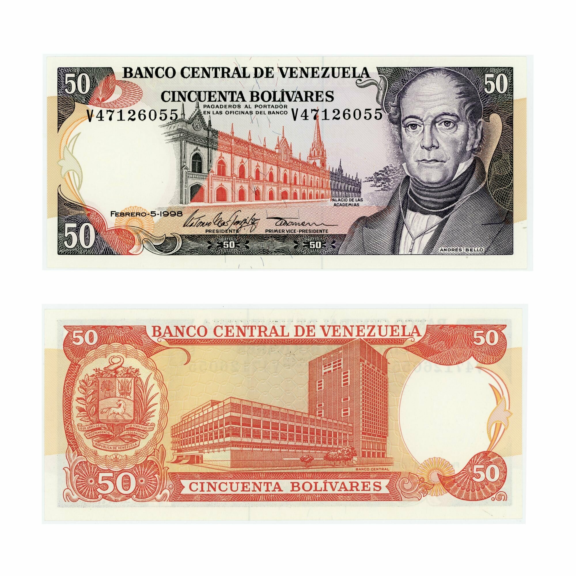 Банкнота Венесуэла 50 боливар CINCUENTA BOLIVARES 1998 год Uncirculated (UNC) Pick 65