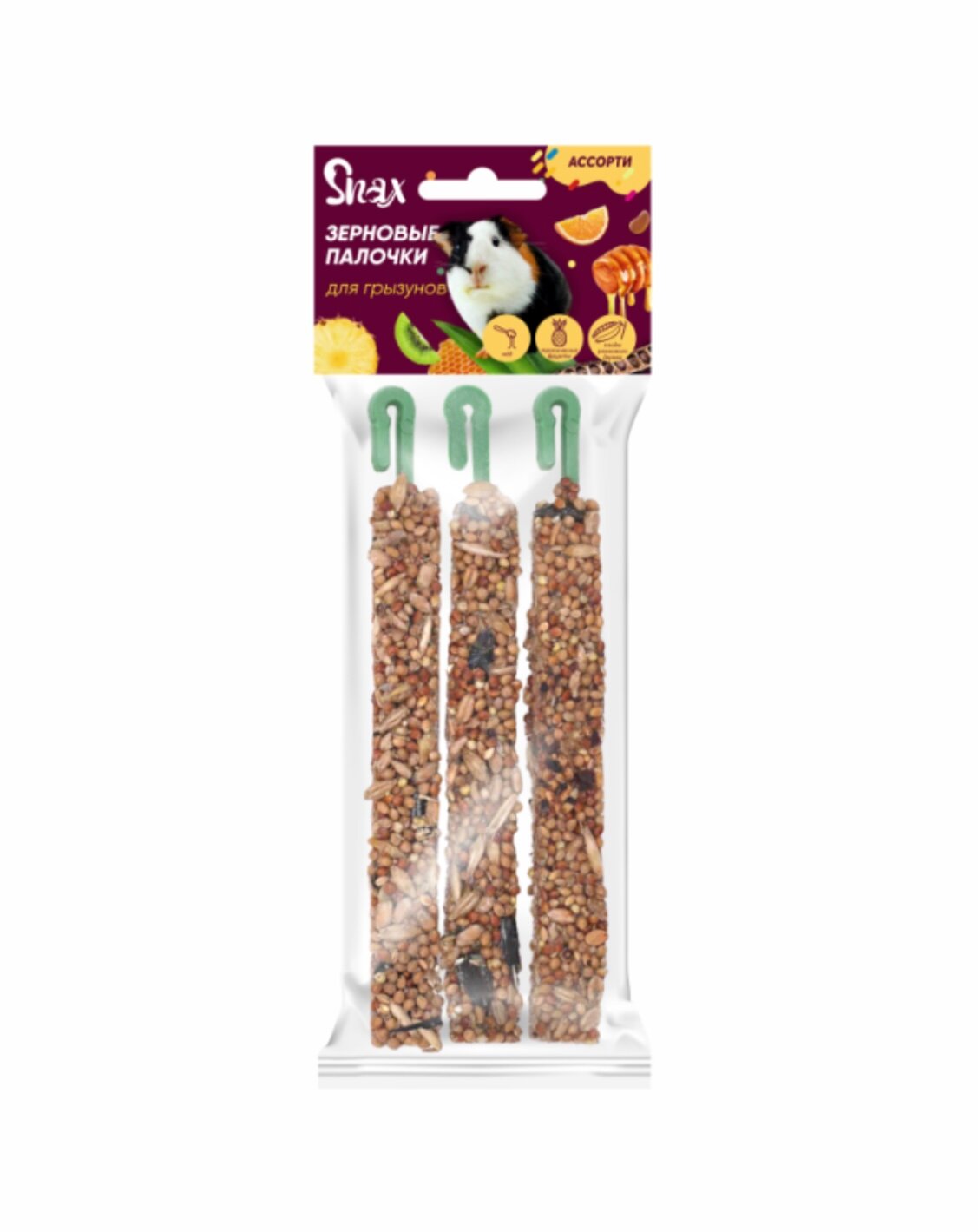 Зерновые палочки для грызунов Snax ассорти (тропические фрукты, мед, рожковое дерево) 3 шт (75г) х 3 упаковки