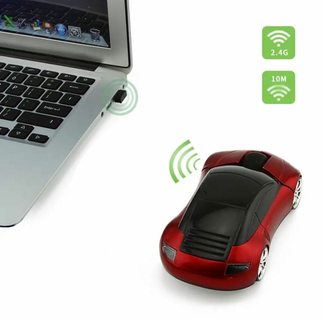 Мышь компьютерная беспроводная с подсветкой, USB автомобиль 2.4G, машинка красная