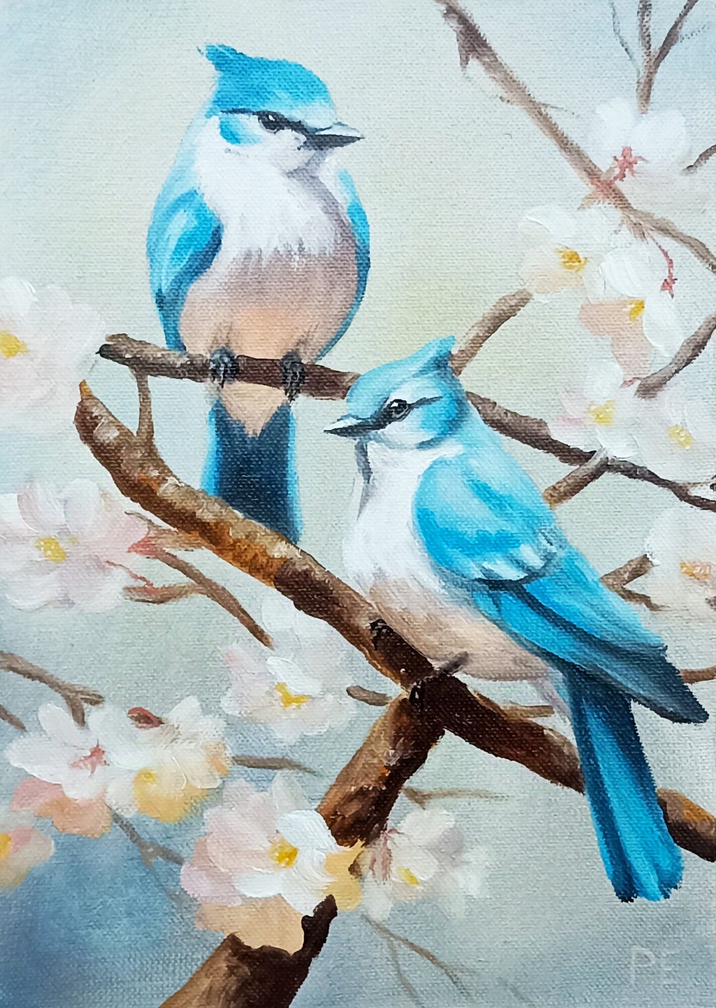 Масло/холст. 100% ручная работа, 100% живопись от Художественной мастерской Грëзы. Картина "Голубые сойки на ветке" из серии "Мир Фауны". Картина написана в технике Лейденский школы Голландской живописи (гладко, не мазками). 20х30 см