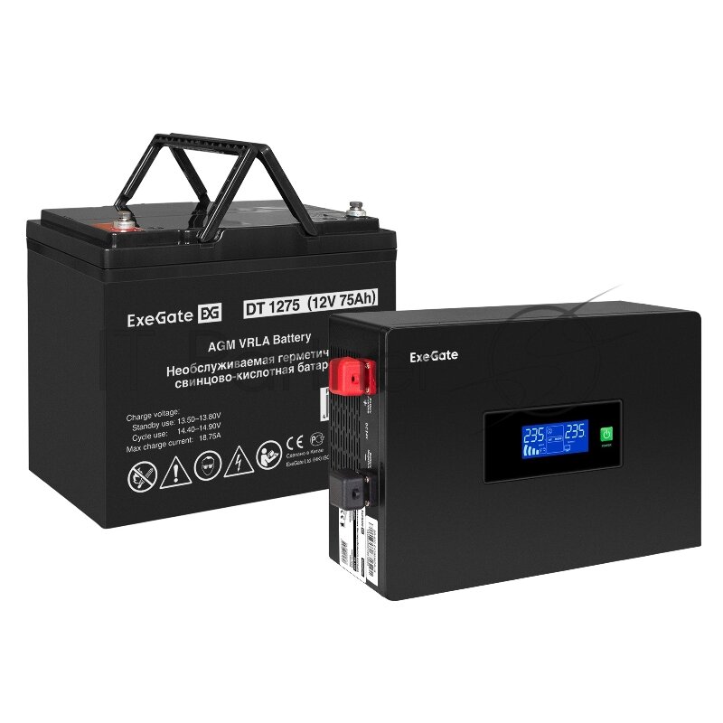 Комплект ИБП EX295993RUS + батарея 75Aч EX282983RUS 1шт (инвертор, синус, для котла, PF=1, настенный) ExeGate IdealSine SR-1000. LCD.2SH <1000VA/1000W, чистая синусоида, цветной LCD-дисплей, 2*Schuko, крепление настенное, Black> + батарея ExeGate DT
