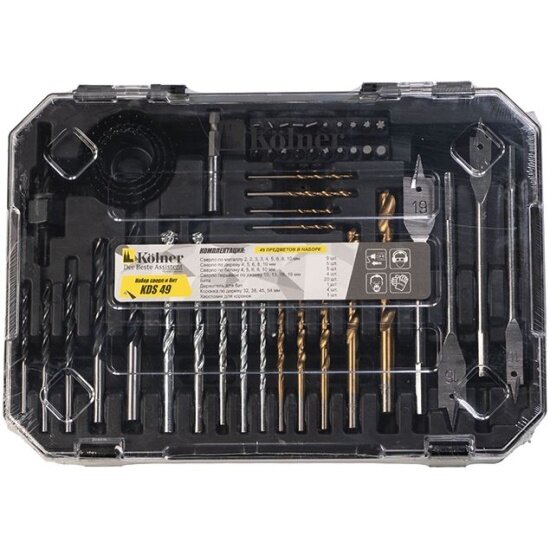 Kolner Набор сверел и бит, KDS 49 (сверла по металлу, дереву, бетону, биты, держатель для бит, коронки, хвостовик, кейс)