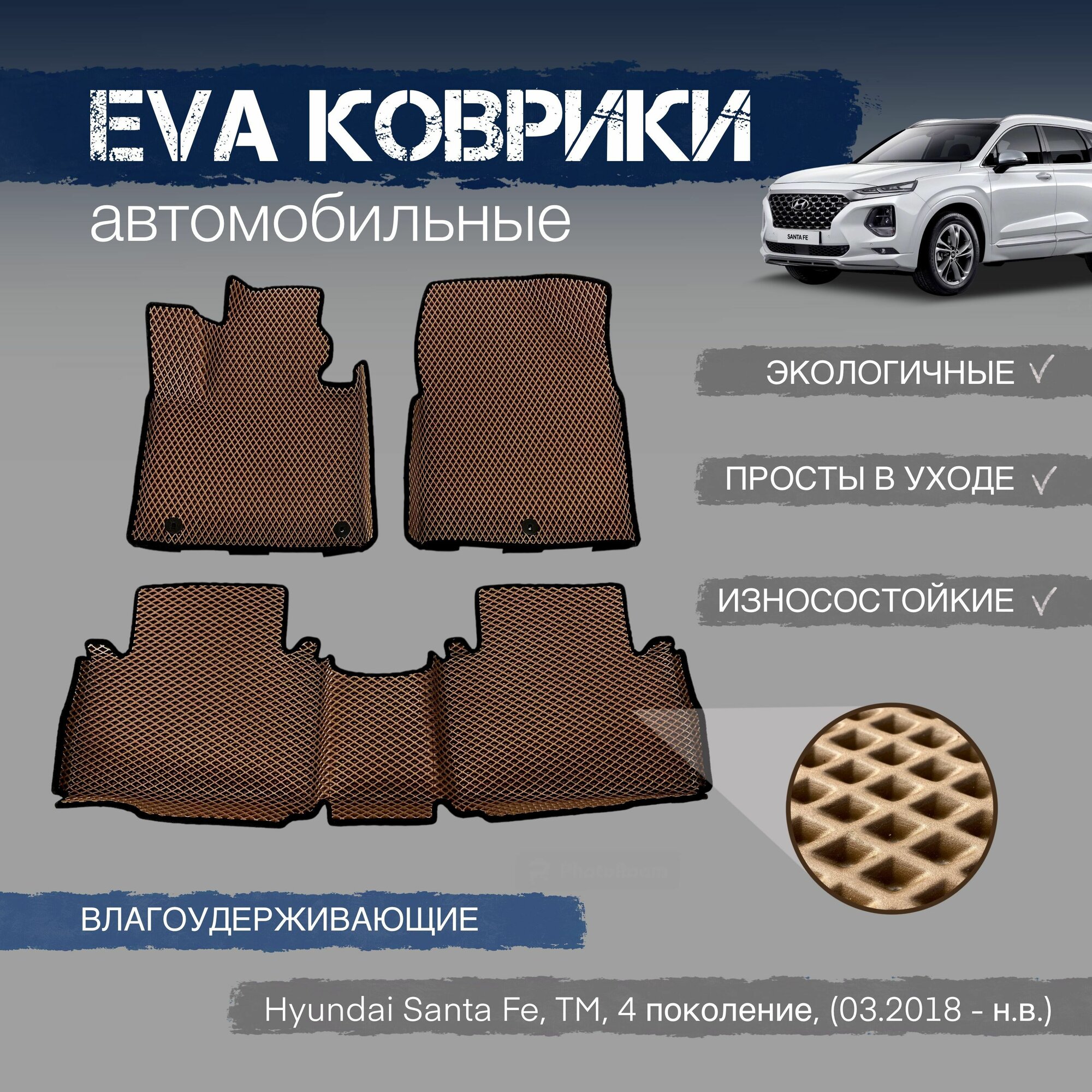 ЕВА коврики с бортами Хендай Санта Фе в салон автомобиля Hyundai Santa Fe, TM, 4 пок, (03.2018 - н. в.)