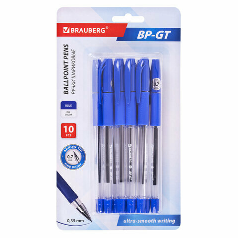 Ручки шариковые BRAUBERG "BP-GT", набор 10 штук, синие, евронаконечник 0,7 мм, линия письма 0,35 мм, блистер, 144008