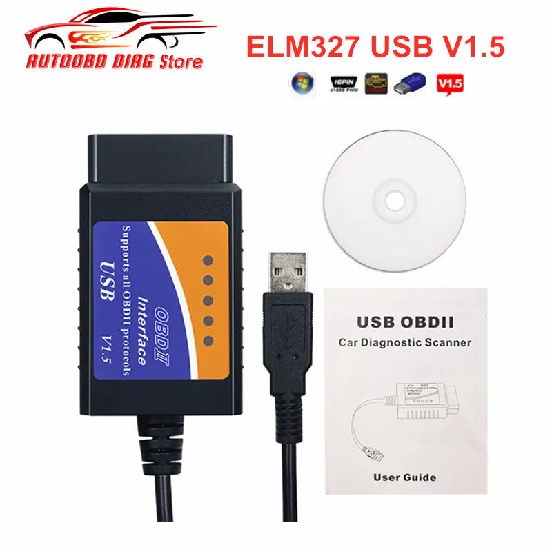 Автомобильный сканер кодов ELM327 USB V1.5, автомобильный диагностический инструмент ELM 327 V1.5 с подключением USB, поддержка протоколов OBD2 для Windows XP/7/8