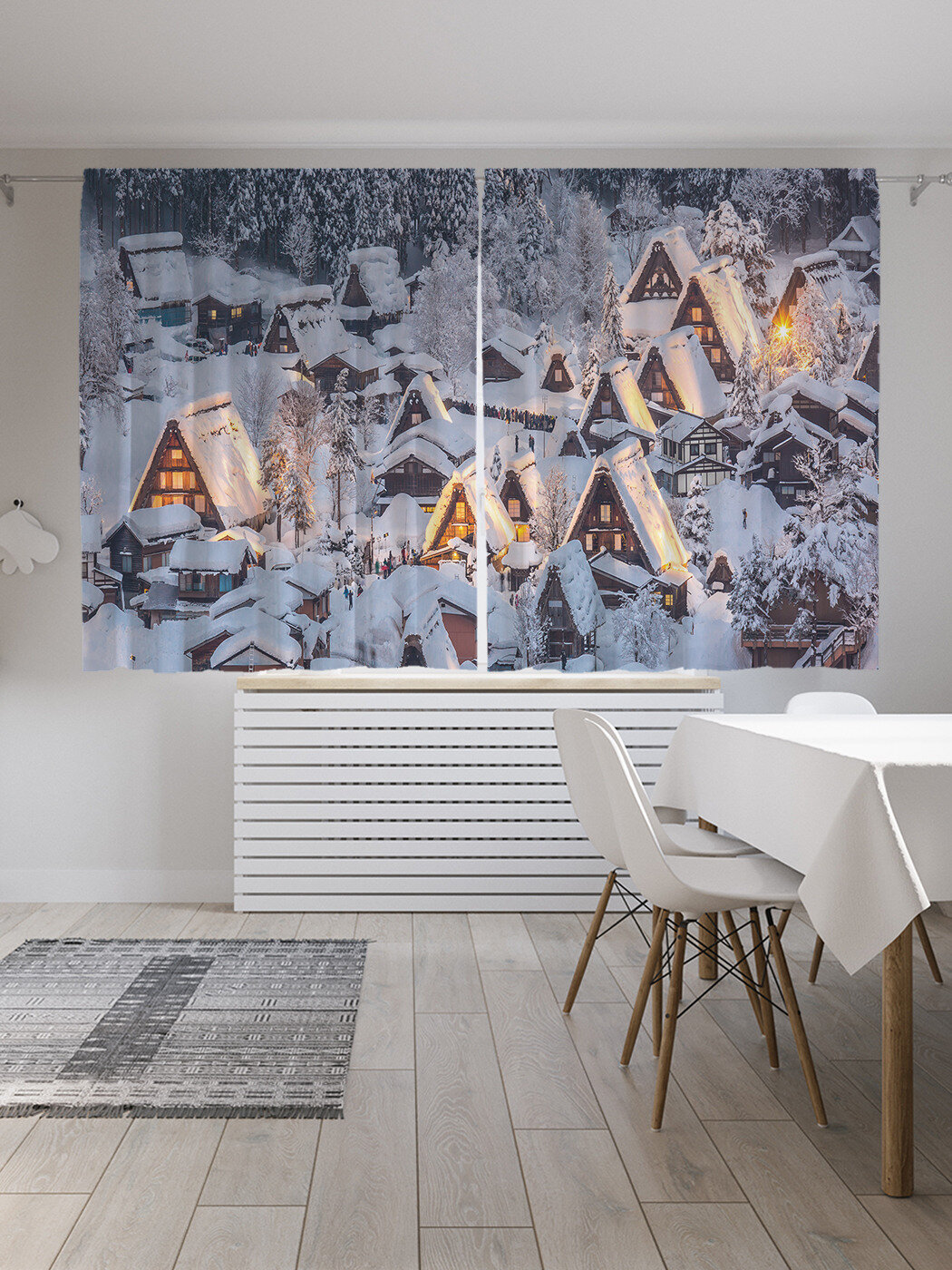 Фотошторы короткие "Снежная деревня", 2 полотна шириной по 145 см, высота 180 см, JoyArty