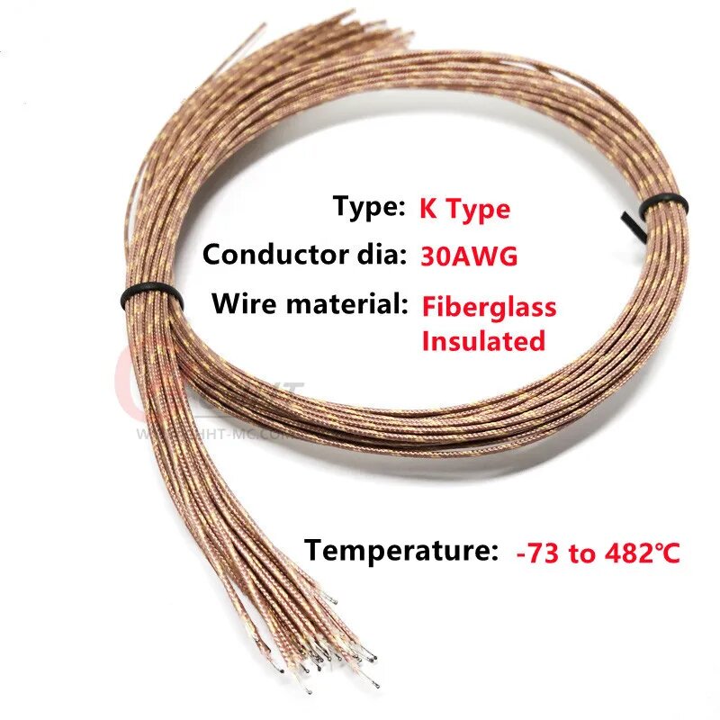 Провод термопары K/J/T FEP/стекловолокно/тетрафтор NiCr-NiSi 1 м K Type 30AWG, 1 м