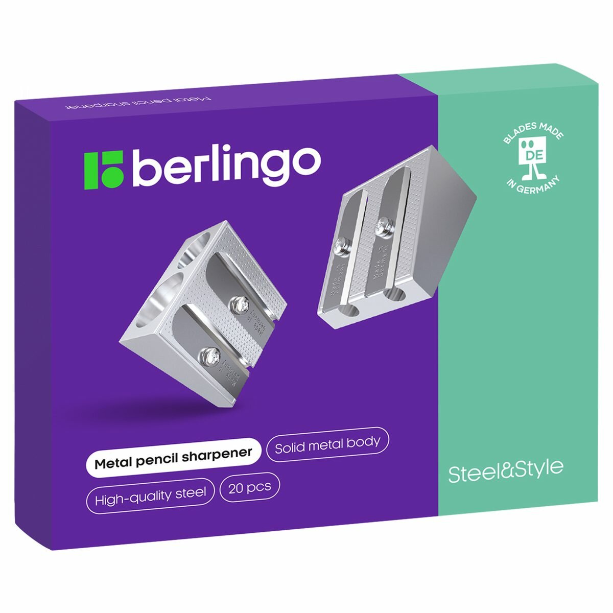 Точилка ручная металлическая Berlingo Steel&Style (2 отверстия, без контейнера) (BBp_15011), 20шт.