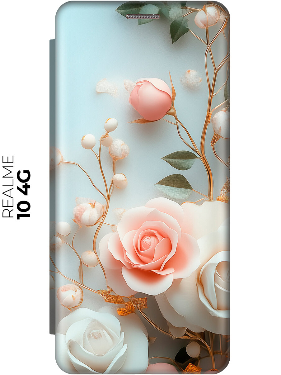 Чехол-книжка на Realme 10 4G с принтом "Милые розы" золотой