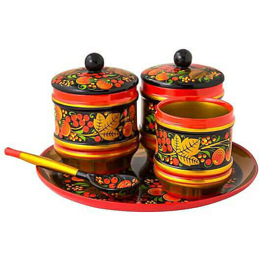 Хохломской набор деревянный столовый с подносом Вечер 5 предметов