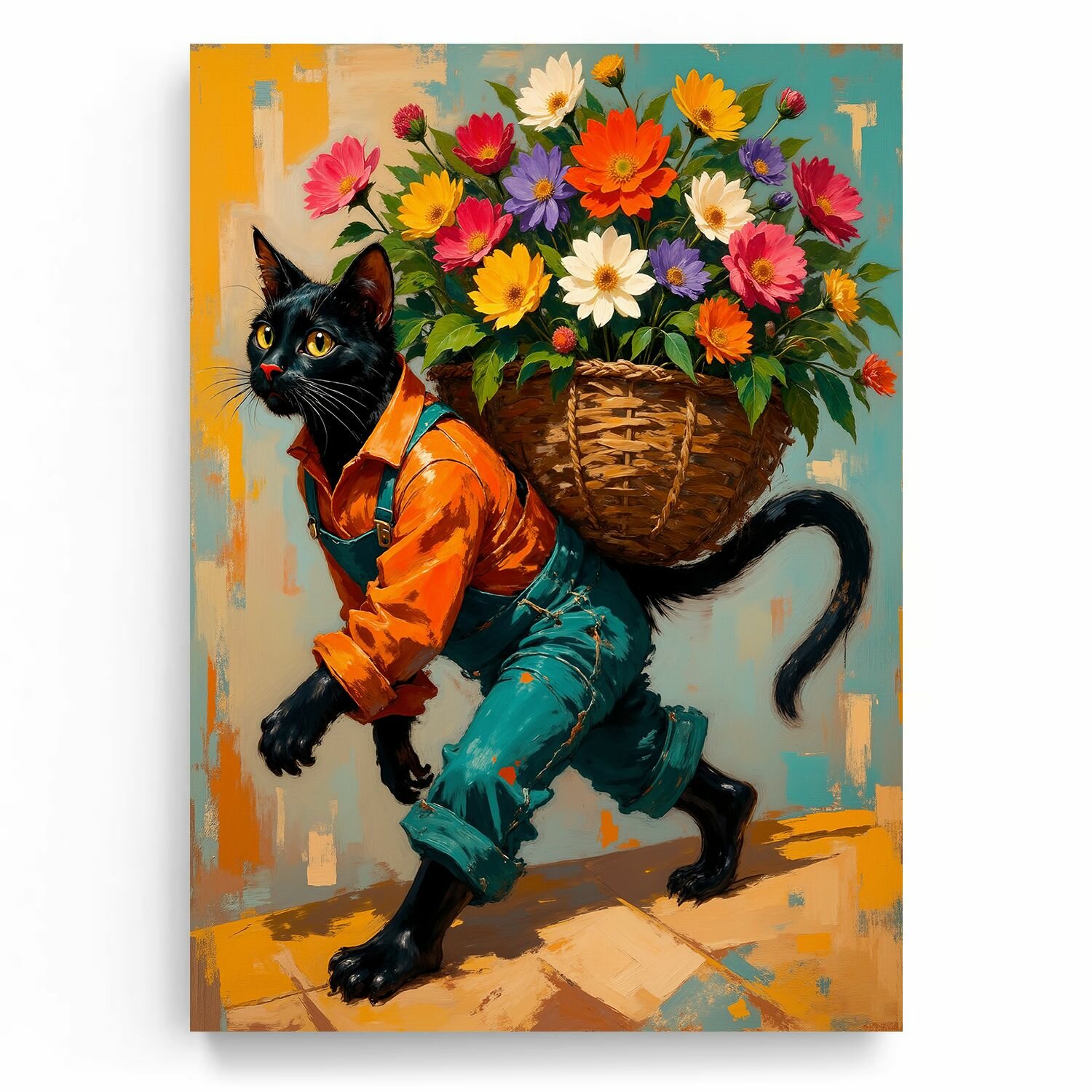 Картина Кот / с большой корзиной цветов, прикольные картины с котиками / морем, 30х40 см.