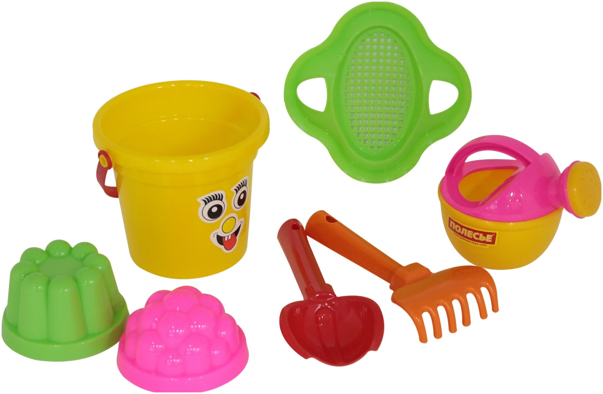 Песочный Набор №238 (ведро малое, ситечко-цветок, совок, грабли, 2 формочки, лейка малая) 4528, (Полесье)