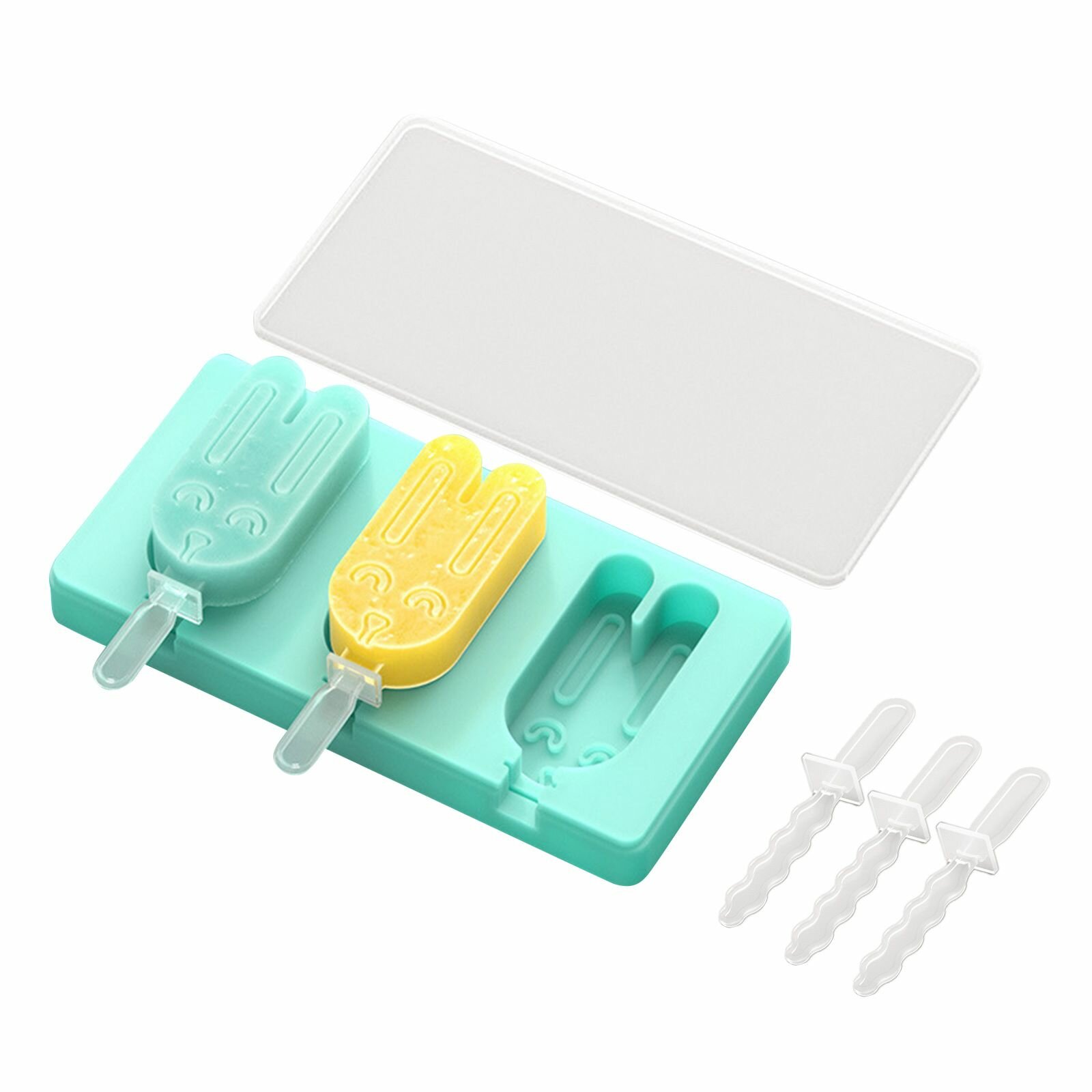 Силиконовая форма для мороженого с маленькими животными и крышкой (три палочки крышкой)-голубой-rabbit