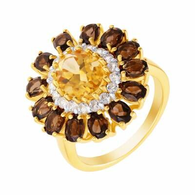 Перстень, серебро, 925 проба, родирование, золочение, гранат, цитрин, топаз