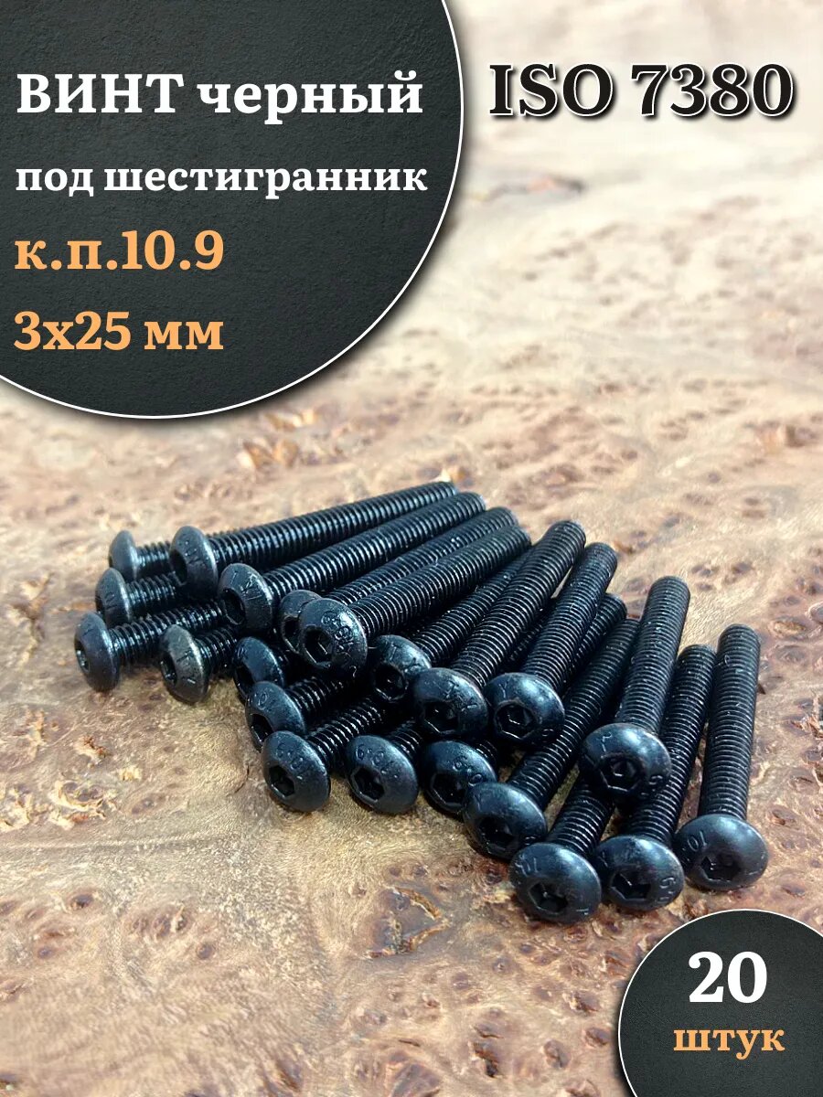 Винт чёрный 3х25 ISO 7380 под шестигранник к. п.10.9, 20 шт.