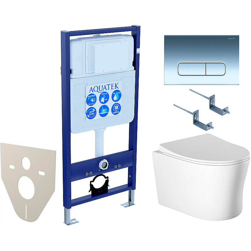 Комплект унитаза с инсталляцией Aquatek Set Aquatek Ника-016 4в1 с сиденьем Микролифт и клавишей смыва Хром матовый