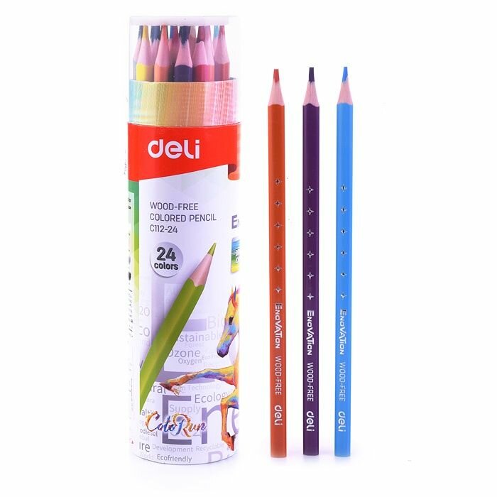 Карандаши цветные Deli 24 цвета, Enovation, трехгранные, пластик, картонный тубус (EC112-24)