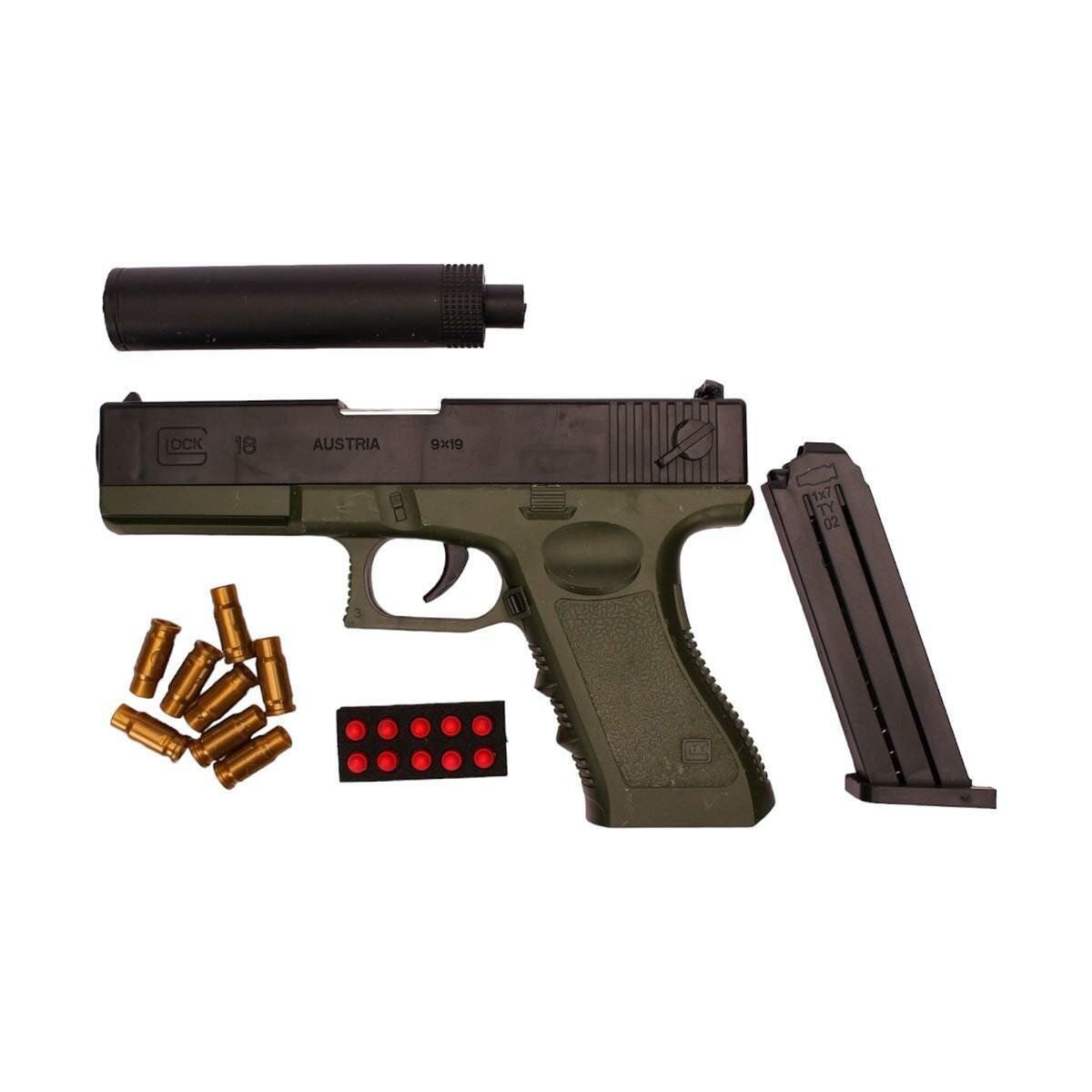 Пистолет с мягкими пулями 'GLOCK 18', 32см, зелено-черный, эффект выброса гильз