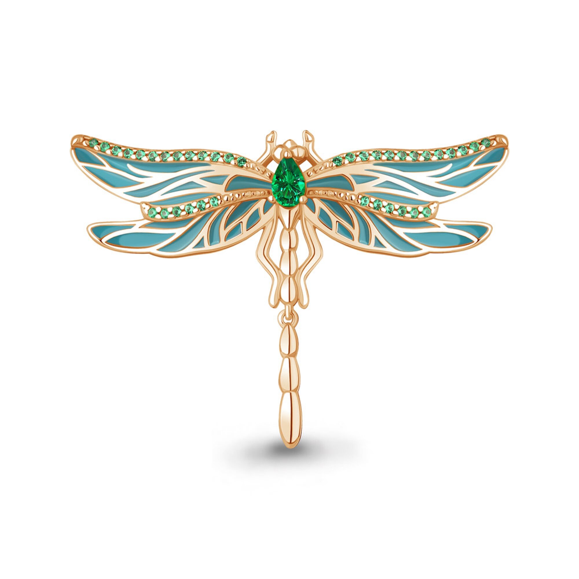 Брошь, серебро, 925 проба, золочение, эмаль, изумруд синтетический