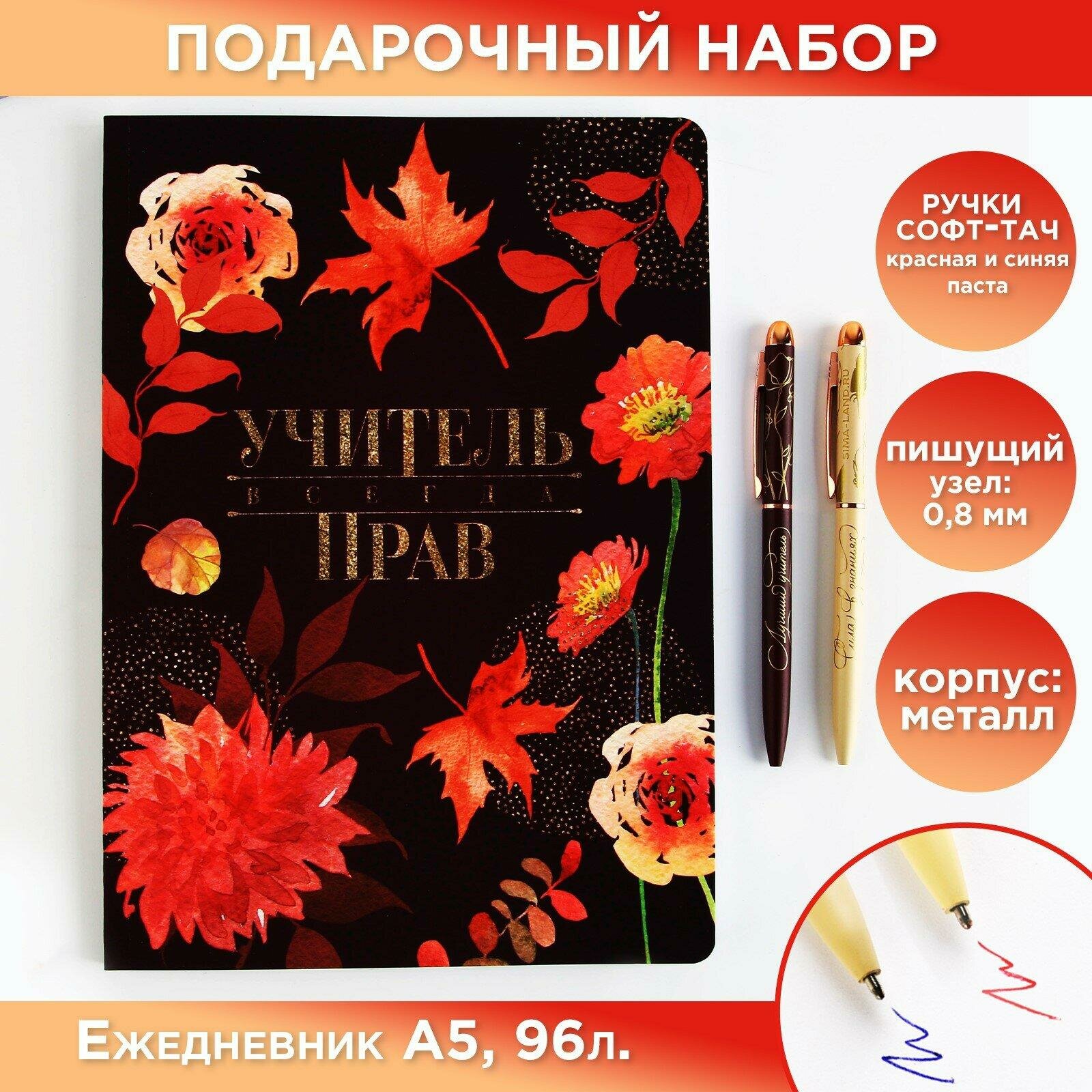 Подарочный набор «Учитель всегда прав»: ежедневник А5, 96 листов и ручки софт-тач 2 шт (синяя и красная паста)